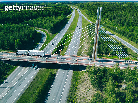Aerial view of bridge over highway road in Finland. (1344716359) - 게티이미지뱅크
