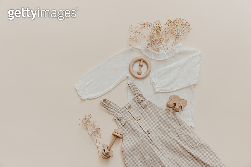 Flat lay Baby natural material accessories concept. Wooden toys ...