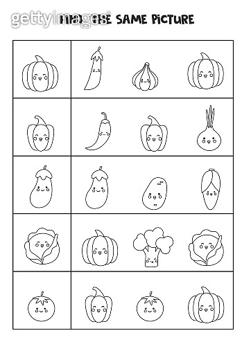 Find two the same vegetables. Black and white worksheet. (1330327329 ...