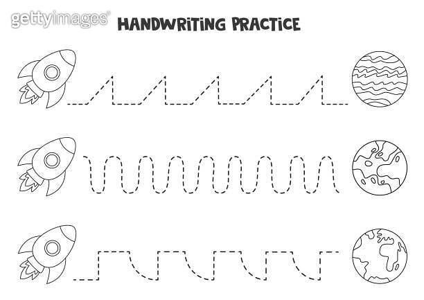Tracing lines with cute black and white rocket and planets. Writing ...