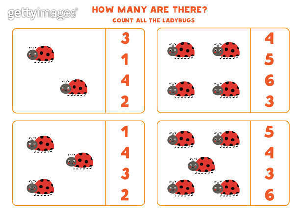 Counting game with cute ladybugs. Math worksheet. 이미지 (1317729567) - 게티 ...