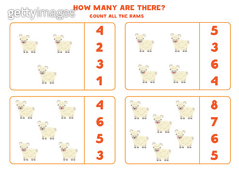 Counting game with cartoon ram. Math worksheet. (1302562161) - 게티이미지뱅크