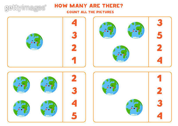Counting game with cute cartoon planets of Earth. Math worksheet. (1300452170) 일러스트, 무료 일러스트 ...