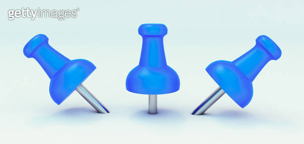 3D render of blue pushpin, Realistic 3d push pins pinned in different ...