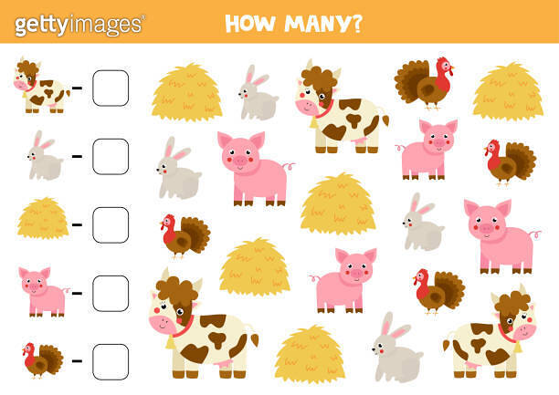 Counting game with hay and farm animals. Math worksheet. (1301727480 ...