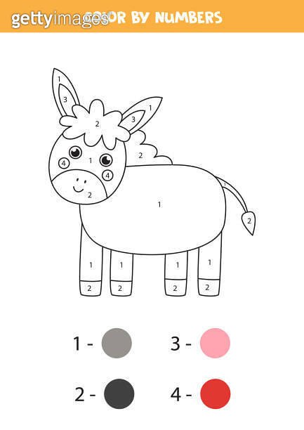 Color cute donkey by numbers. Farm animal worksheet. (1301137178) 일러스트 ...