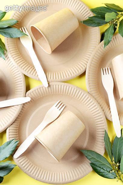 Disposable biodegradable tableware on craft paper - forks, glasses and ...