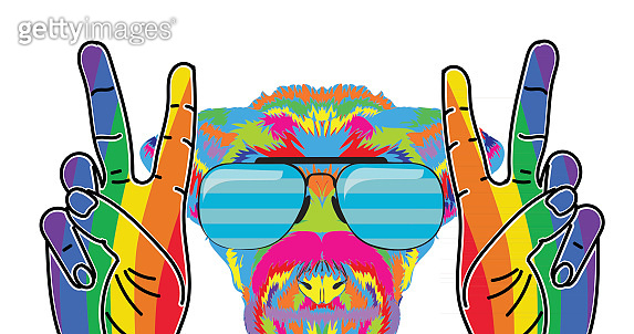 Composition of rainbow face and hands showing victory sign on white ...