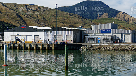 Mussel shellfish factories, Havelock, Marlborough Sounds, south island ...
