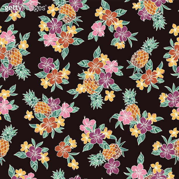 Seamless aloha pattern of hibiscus and pineapple, (1313386459) - 게티이미지뱅크