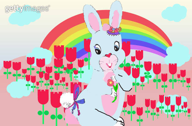Bright Sweet Light Blue Cartoon Bunny Rabbit with Red Tulip Blossoms ...