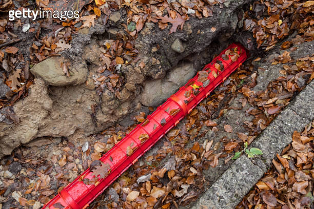 Communication Cables covered by red plastic flexible tube, Network ...