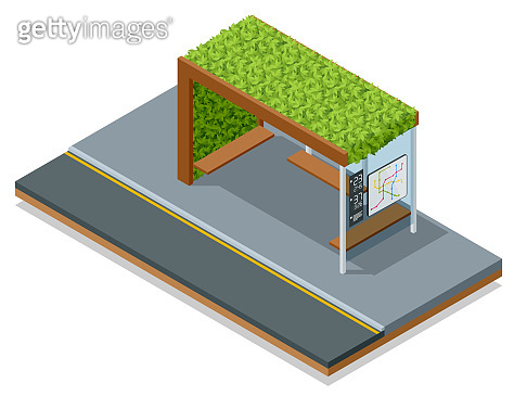 Isometric modern bus stop with lawns on the roof in the city eco park ...