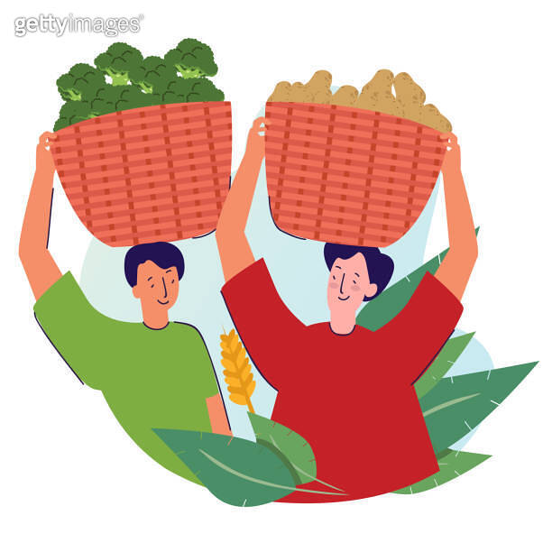 two farmer bring basket vegetable harvested on head with cartoon style ...