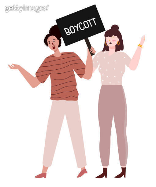 two women hold poster boycott protest with flat cartoon style ...