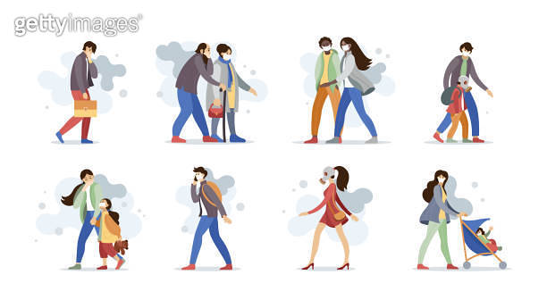 Group people character choking on dust wearing protective face masks ...