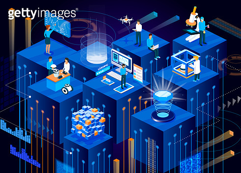 Hi tech office futuristic workflow isometric. Modern people digital ...