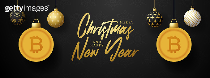 Merry Christmas gold bitcoin symbol banner. bitcoin sign as christmas ...