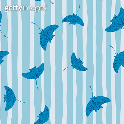 Exotic fish seamless pattern with blue colored stingray silhouettes ...