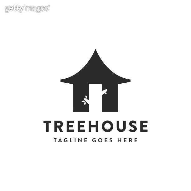 Simple tree house icon, with tree as the door vector template on black ...