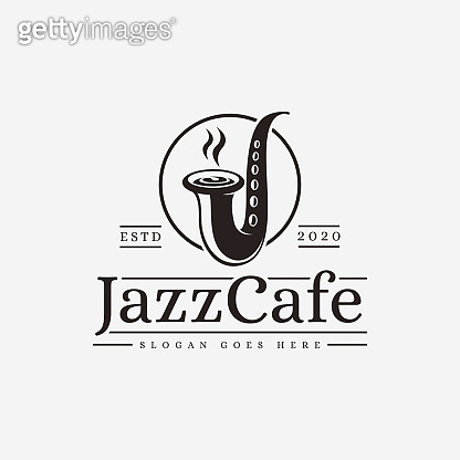 Creative Jazz bar, jazz cafe vector with J saxophone and coffee cup ...
