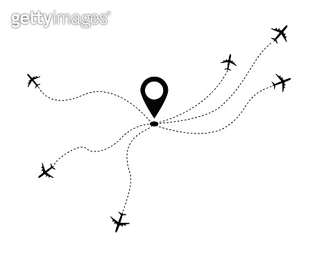 Airplane line paths vector icon of air plane flight routes with start ...