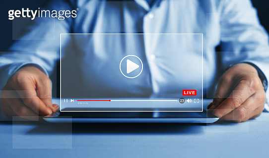 Online live stream window. Video streaming on internet concept. Woman ...