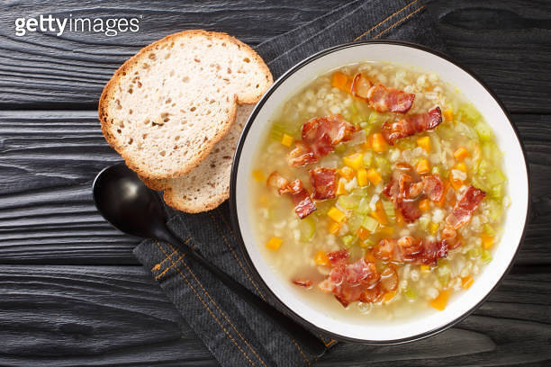 Bundner Gerstensuppe Graubunden Barley Soup close up in the plate ...
