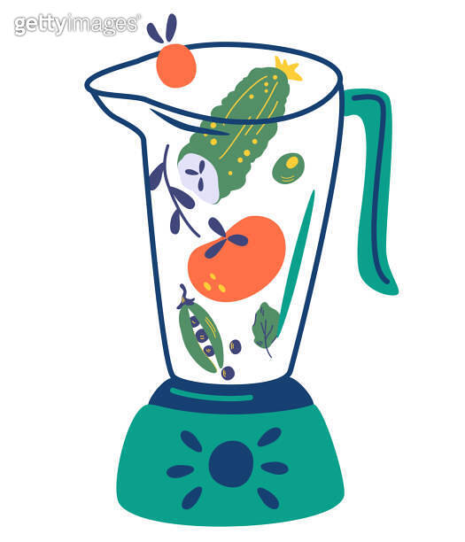 Blender with vegetables. Food processor, mixer. Cucumber, tomato, peas ...