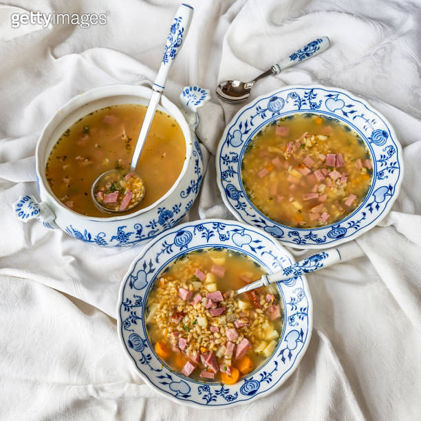 Soup from smked meat with barley groat and vegetable. (1326481664) - 게티 ...
