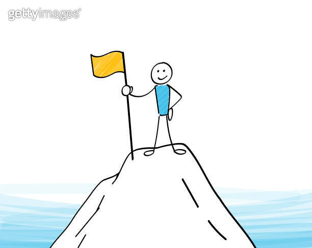 Stickman raises a flag on the mountaintop 이미지 (1317772434) - 게티이미지뱅크