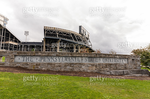 The Pennsylvania State University sign in front of Beaver Stadium ...