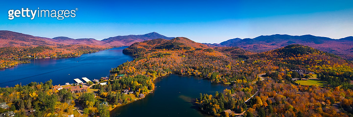 Aerial view of Lake Placid Mountains with Autumn Fall Colors in ...