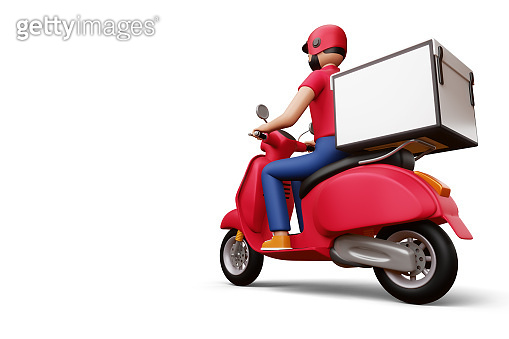 Delivery man riding a motorcycle with delivery box, 3d rendering ...