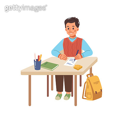 Boy writing down lecture in notebook, isolated pupil sitting by desk ...