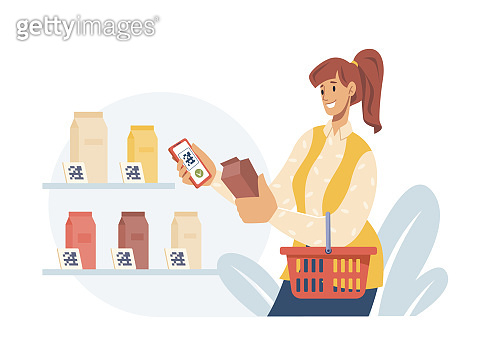 Contactless pay by qr code, woman with basket holding milk in ...