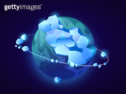 Frozen planet with orbit, icebergs and icy peaks. Fantasy celestial ...