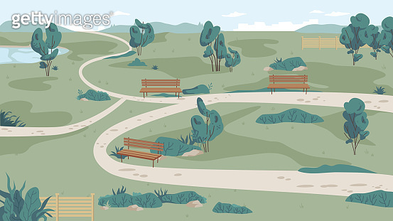 Park landscape from far, cartoon pathways. Green grass, bench and trees ...