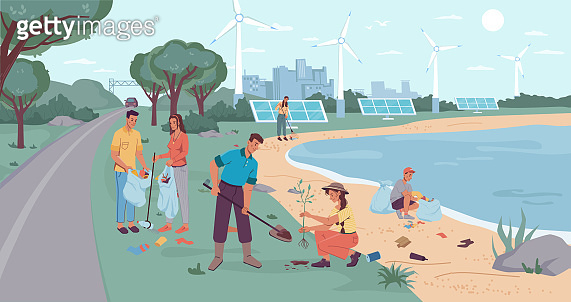 Eco-city environment, garbage collection and tree planting. People ...