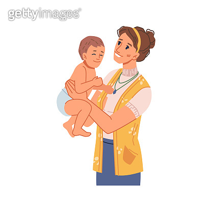 Female personage caring for newborn child, mother playing with kiddo ...