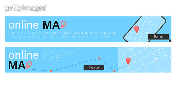 Set of two online map banners in blue design (1300985556) - 게티이미지뱅크