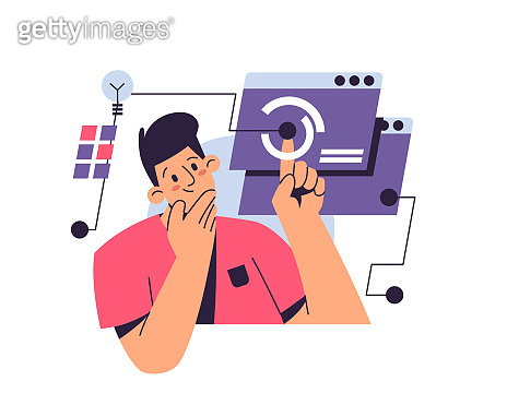 Man solves complex work tasks, thinking about new ideas, data research ...