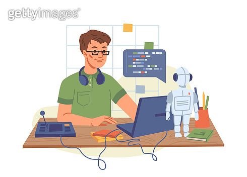 Portrait of male IT developer typing on keyboard programming code on ...