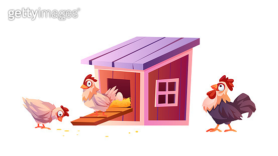 Chicken coop, cartoon warnhouse for hens and roosters isolated. Vector ...