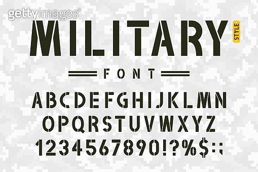 Military stencil font on camouflage background. Rough and grungy ...