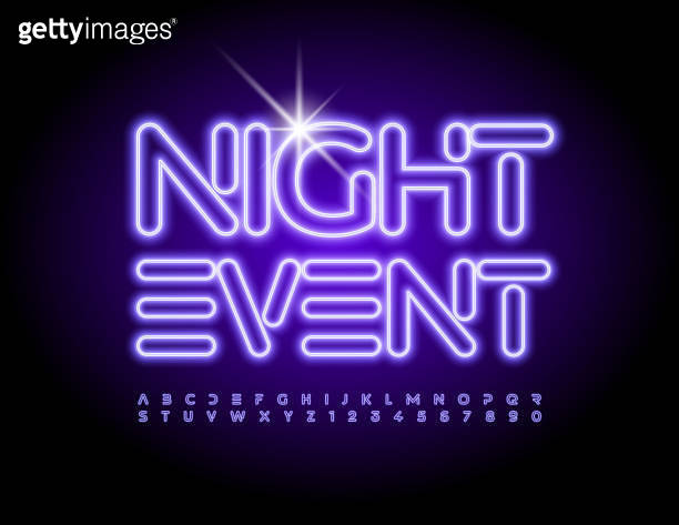 Vector creative flyer Night Event. Purple Neon Alphabet Letters and ...