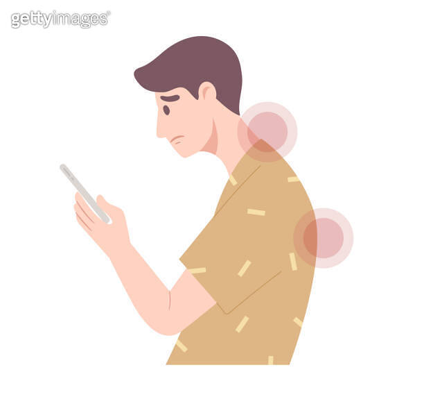 Man using smartphone wrong position cause of back and neck pain. 이미지 ...