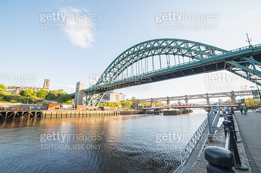 Newcastle's famous Tyne Bridge on a sunny day with blue skies and ...