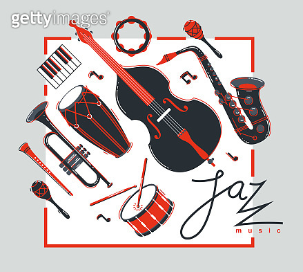 Jazz music band poster different instruments vector flat illustration ...