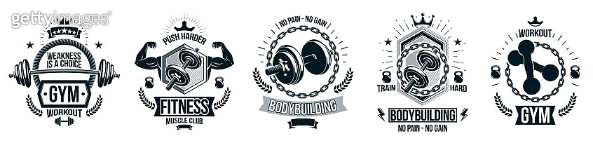 Gym fitness sport emblems and logos vector set isolated with barbells ...